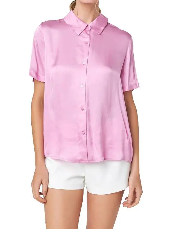 English Factory Short Sleeve Satin Shirt - Pink