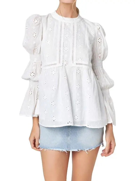 English Factory Eyelet Long Sleeve Top - White
