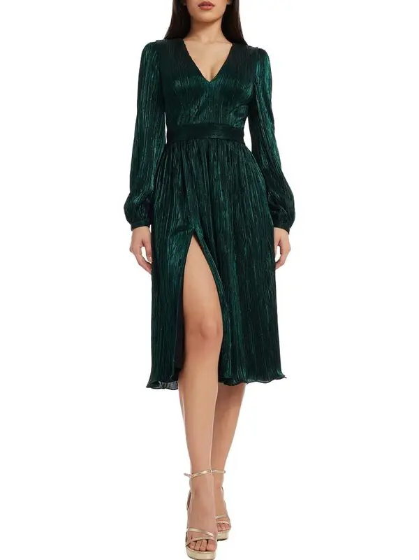 Dress The Population Holly Metallic Plissé Dress - Deep Emerald