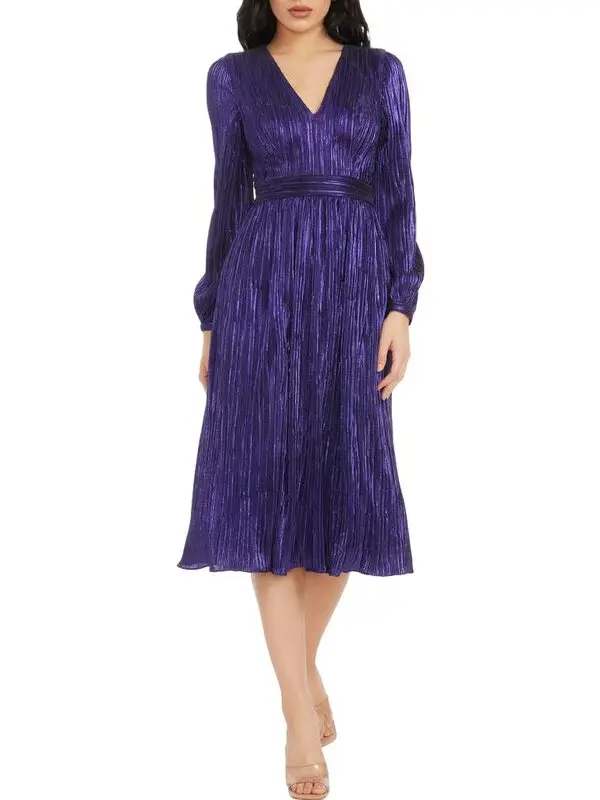 Dress The Population Holly Metallic Plissé Dress - Deep Plum