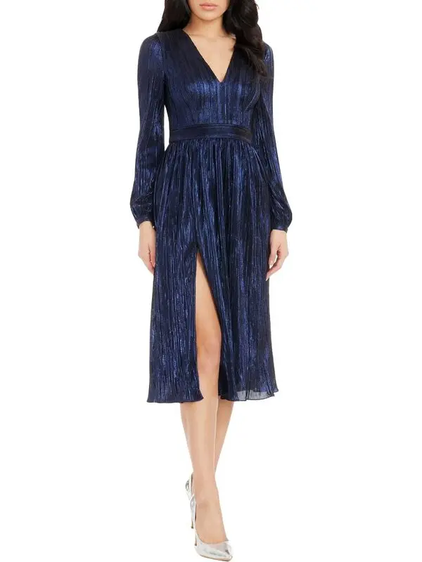 Dress The Population Holly Metallic Plissé Dress - Midnight Blue