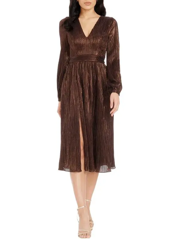 Dress The Population Holly Metallic Plissé Dress - Mocha