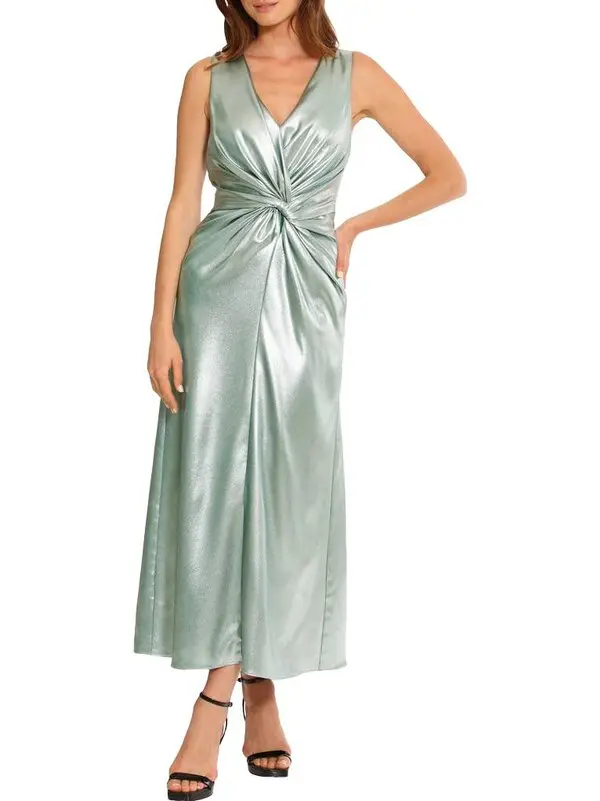 Maggy London Front Twist Satin Maxi Dress - Silver/green