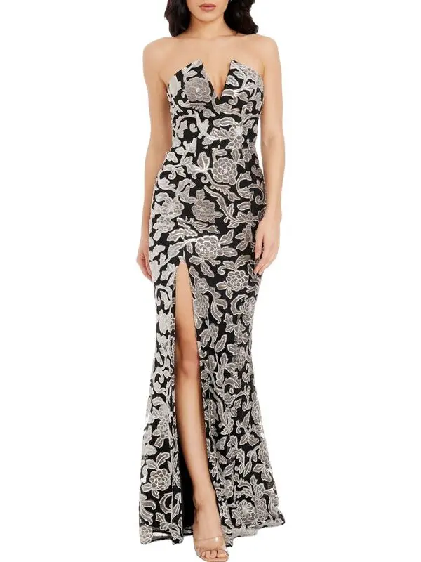 Dress The Population Fernanda Floral Sequin Strapless Gown - Dove-black