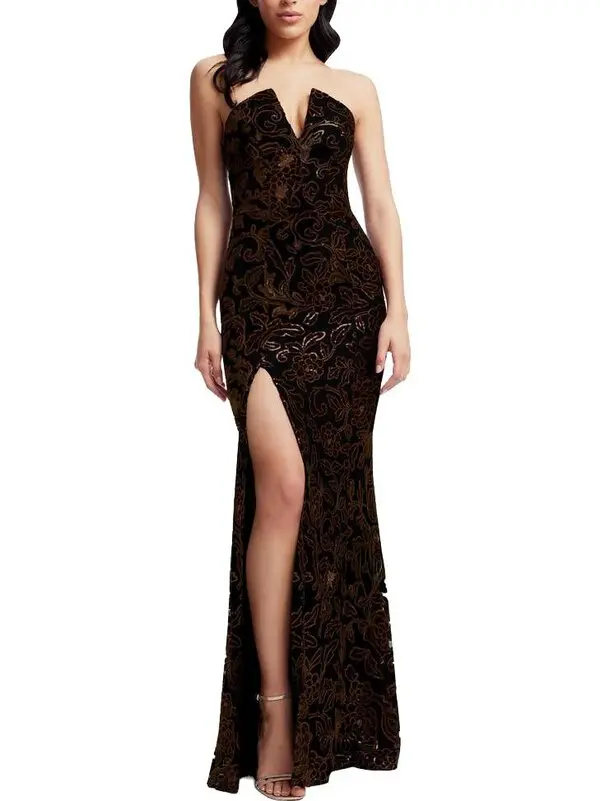 Dress The Population Fernanda Floral Sequin Strapless Gown - Mocha-black