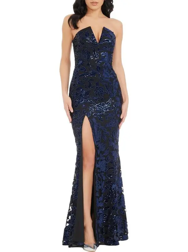 Dress The Population Fernanda Floral Sequin Strapless Gown - Navy-black