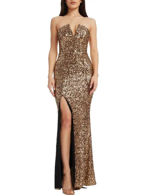 Dress The Population Fernanda Sequin Strapless Gown - Gold