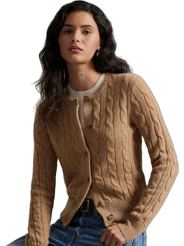 Ralph Lauren Cable-knit Cashmere Crewneck Cardigan - Collection Camel Melange