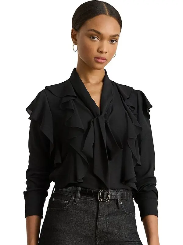 Ralph Lauren Ruffle-trim Tie-neck Georgette Blouse - Black