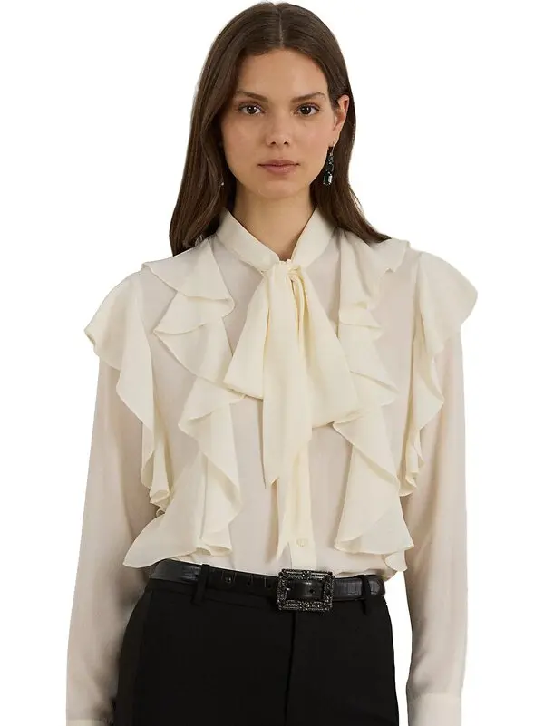 Ralph Lauren Ruffle-trim Tie-neck Georgette Blouse - Mascarpone Cream