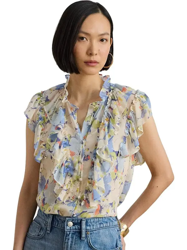 Ralph Lauren Floral Ruffle-trim Georgette Shirt - Blue Multi