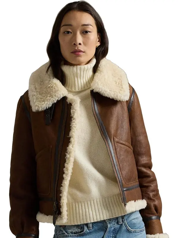 Ralph Lauren Leather-trim Shearling Aviator Jacket - Brown/cream