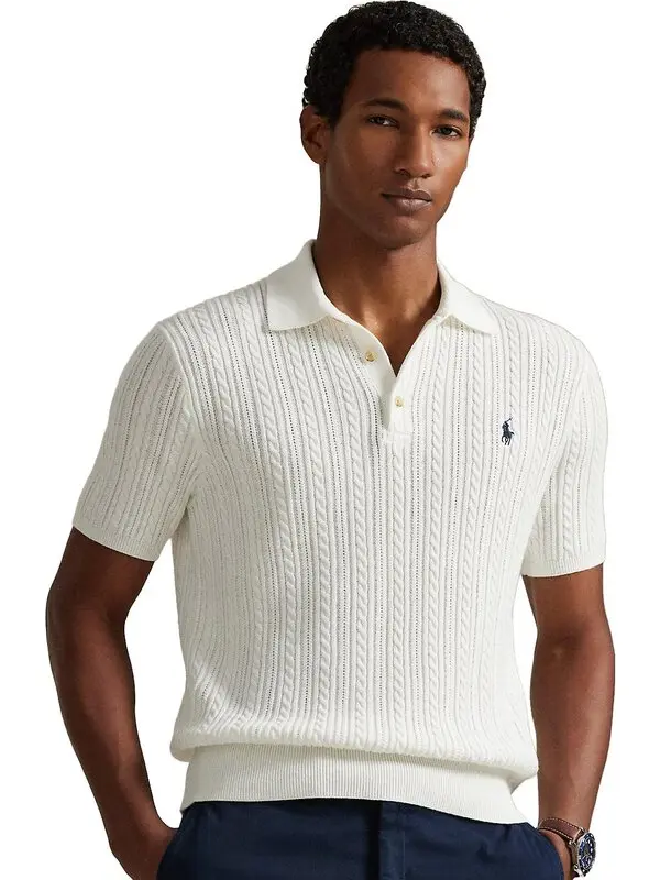 Ralph Lauren Cable-knit Cotton Polo-collar Sweater - Deckwash White/navy