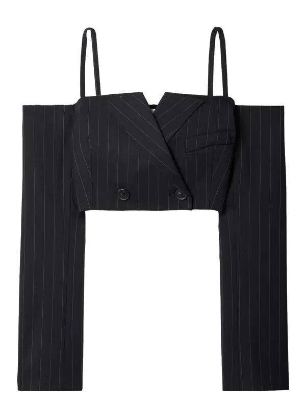 Monse Cropped Cold-shoulder Pinstriped Wool-blend Twill Jacket - Blue
