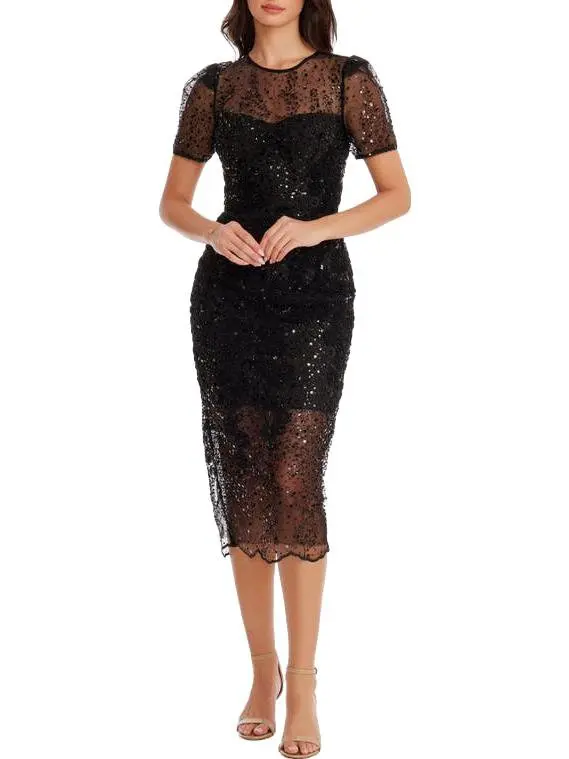 Dress The Population Lia Sequin Illusion Mesh Overlay Midi Cocktail Dress - Black