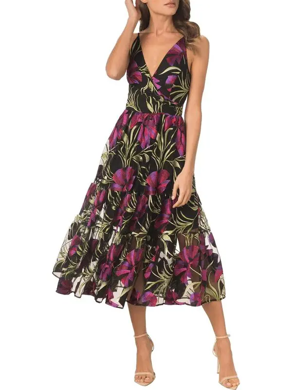Dress The Population Paulette Floral Embroidered Fit & Flare Midi Dress - Bright Magenta Multi