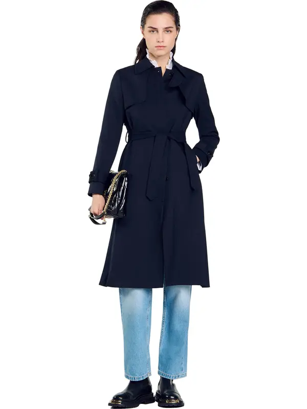 Sandro Trench Coat With Pleated Inset - Navy Blue