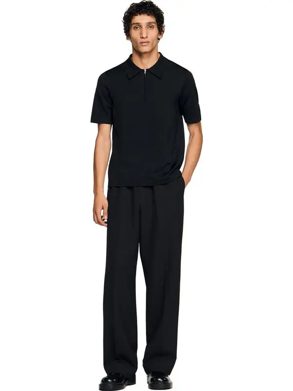 Sandro Knitted Polo Shirt With Zip Collar - Black