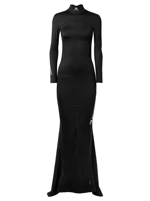 Balenciaga Printed Open-back Stretch-jersey Turtleneck Gown - Black