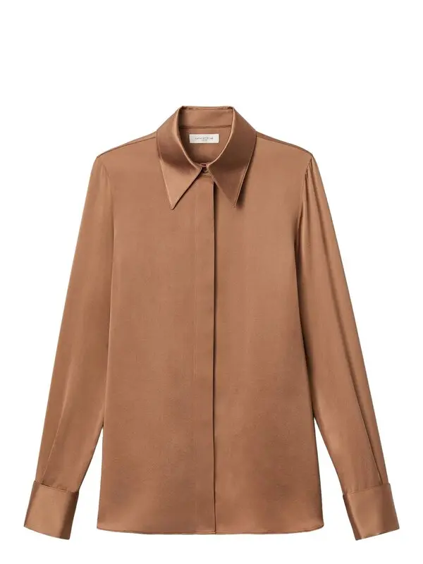 Lafayette 148 New York Silk Long Sleeve French Cuff Blouse - Vicuna
