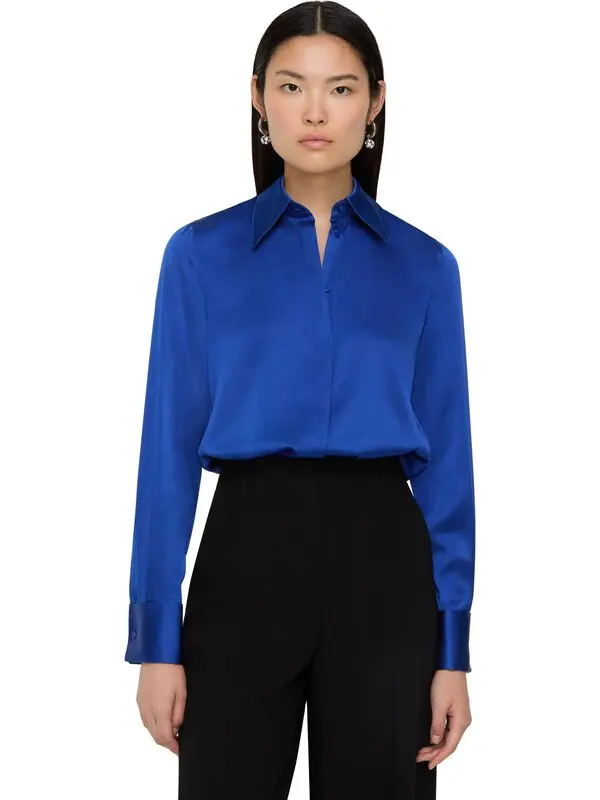 Lafayette 148 New York Silk Charmeuse French Cuff Blouse - Galaxy Blue