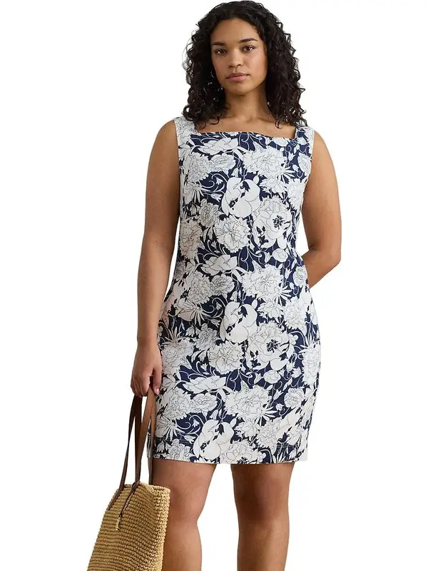 Ralph Lauren Floral Linen Sleeveless Shift Dress - White/navy