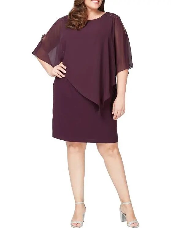SL FASHIONS Beaded Popover Dress - Aubergine