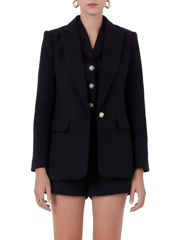 Endless Rose Peaked Lapel Tweed Blazer - Black