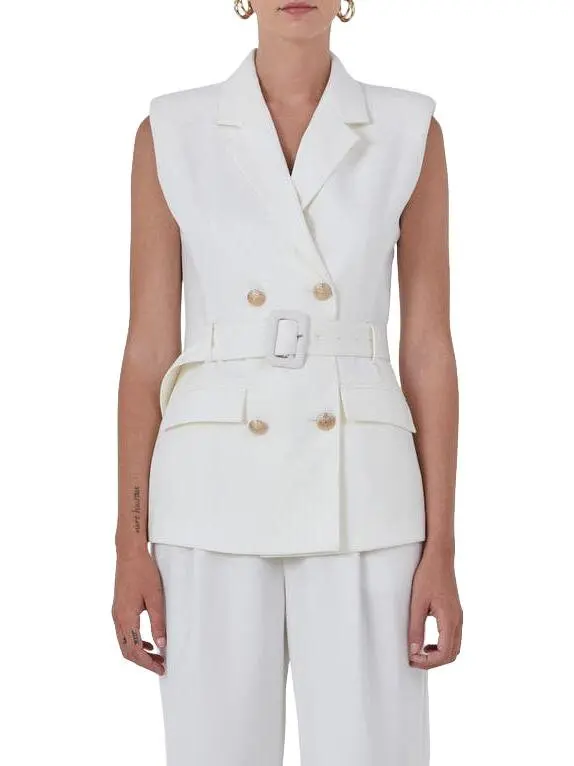 Endless Rose Shoulder Pad Belted Double Breasted Blazer - Ivory