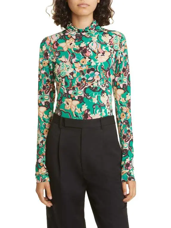 A.L.C. Floral Print Turtleneck Top - Emerald Multi