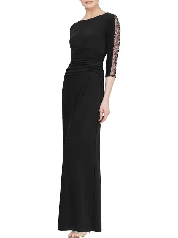 SL FASHIONS Ruched Waist Embellished Sleeve Gown - Black