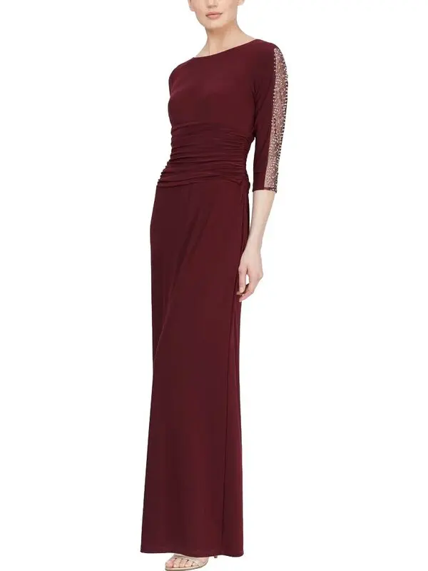 SL FASHIONS Ruched Waist Embellished Sleeve Gown - Fig