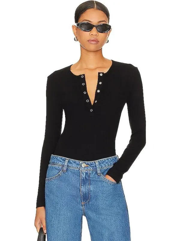 Lna Dalston Ribbed Henley Top - Black
