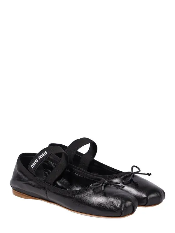 Miu Miu Logo Leather Ballet Flats - Black