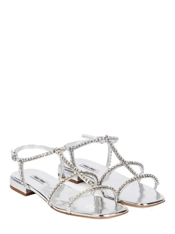 Miu Miu Embellished Leather Sandals - Silver