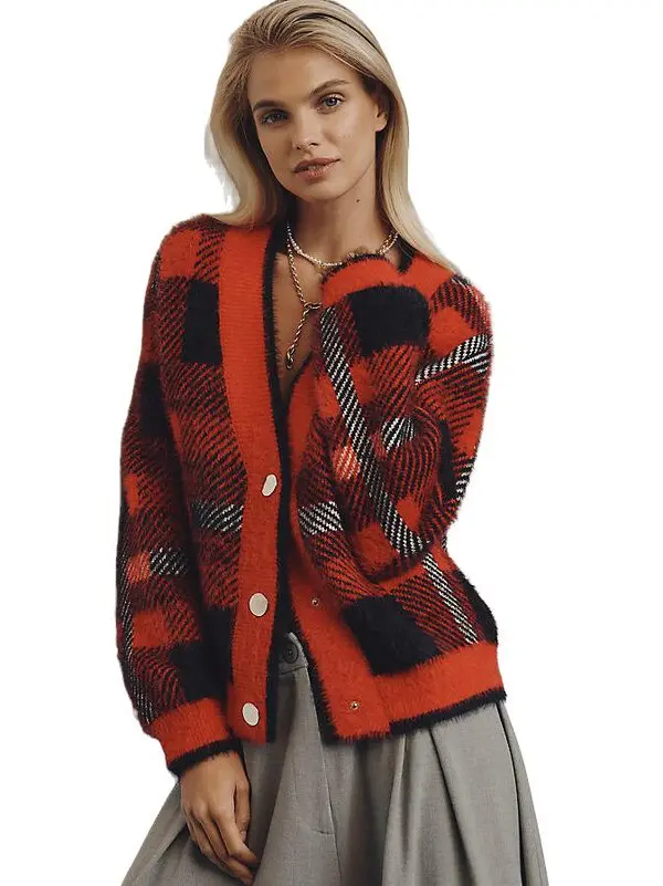 English Factory Checked Cardigan Sweater - Red Plaid