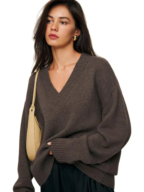REFORMATION Jadey Oversized V-neck Cashmere Sweater - Brown