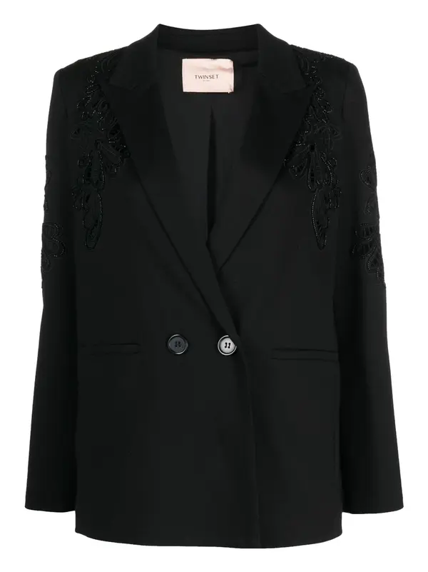 TWINSET Floral-embroidered Double-breasted Blazer - Black