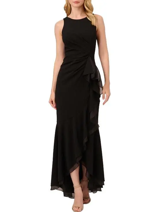 Adrianna Papell Ruffle Crepe Mermaid Gown - Black