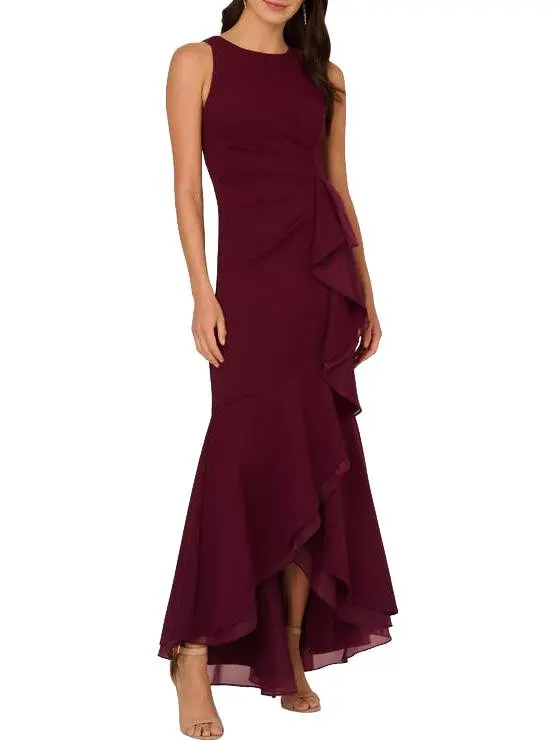 Adrianna Papell Ruffle Crepe Mermaid Gown - Cabernet