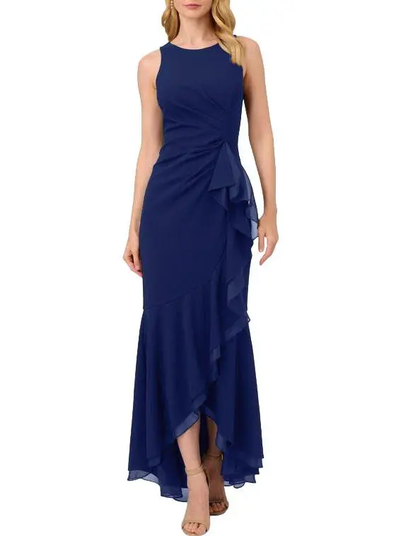 Adrianna Papell Ruffle Crepe Mermaid Gown - Navy Sateen