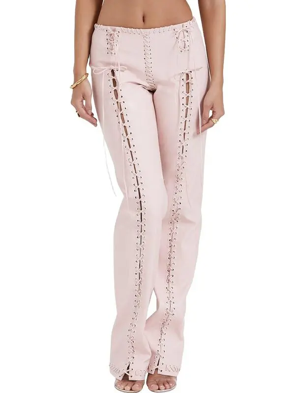 House Of Cb Elliott Lace-up Faux Leather Trousers - Peach