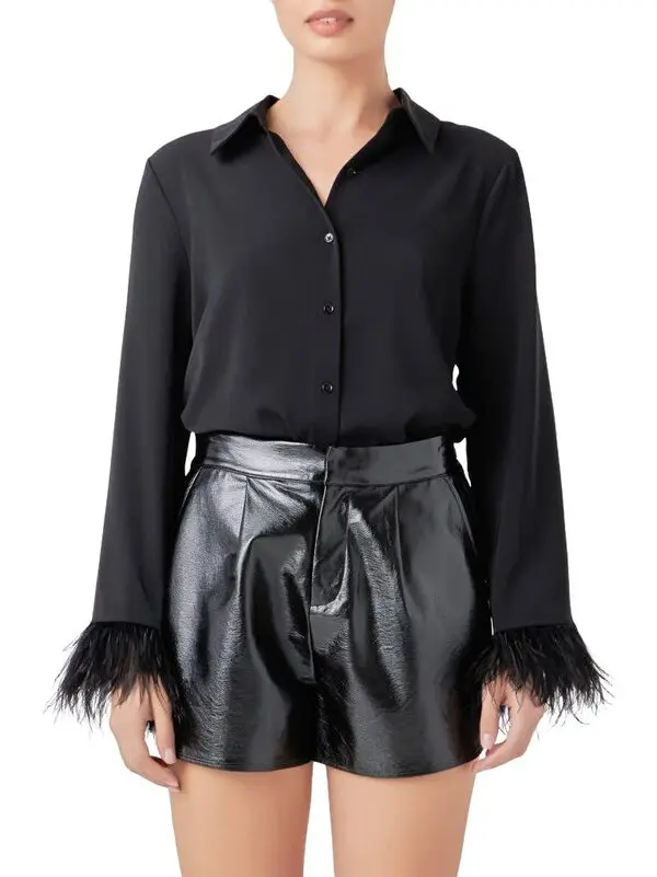 Endless Rose Faux Feather Trim Button-up Blouse - Black