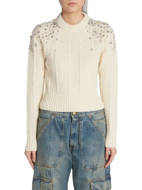 GOLDEN GOOSE Crystal-embellished Virgin Wool Crewneck Sweater - Lambs Wool