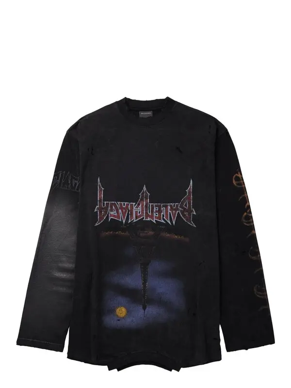 Balenciaga Oversized Distressed Logo-print Stretch-cotton Jersey T-shirt - Black