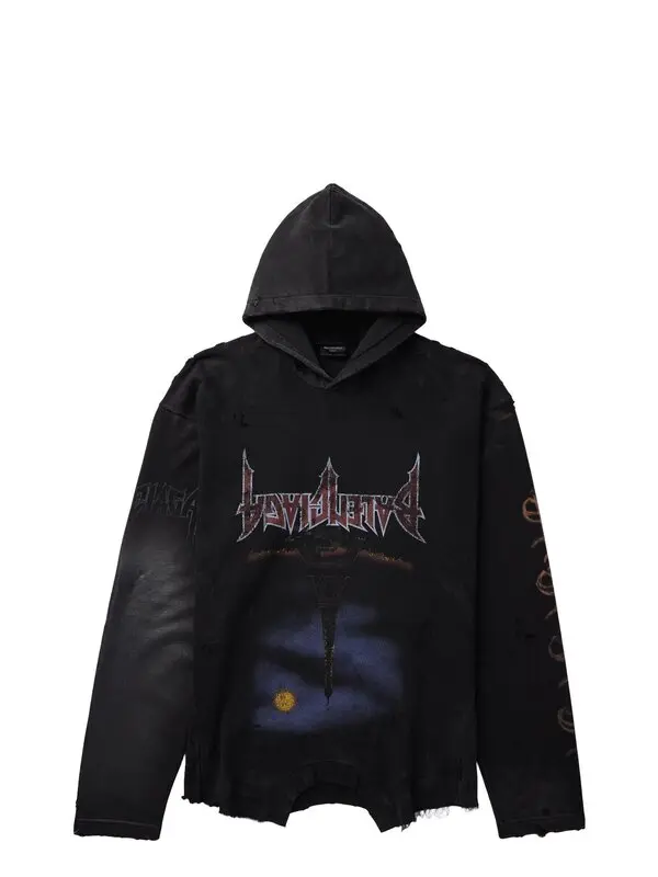 Balenciaga Oversized Distressed Printed Hoodie - Black