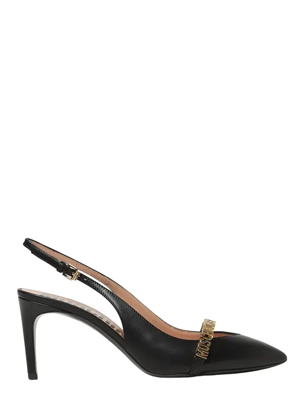 Moschino Leather Slingbacks With Metal Logo Lettering - Black