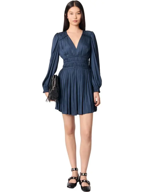 Maje Mini Satin Dress With Ruffles - Navy