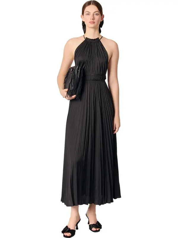 Maje Pleated Satin Maxi Dress - Black