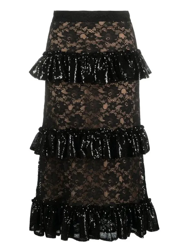 Elie Saab Sequin-embellished Lace Tiered Skirt - Black